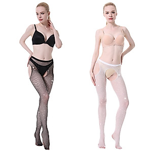 MANZI Rhinestone Fishnet Stockings High Waist Thigh High Glitter Sparkly Fishnets Tights for Women Black White