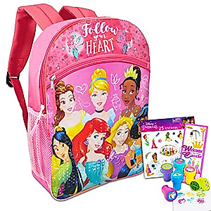 Walt Disney Studio Princess Deluxe Backpack For Girls, Kids - 4 Pc Bundle With 16'' School Bag, 400+ Stickers, Unicorn Stampers And More (Disney Travel Supplies),