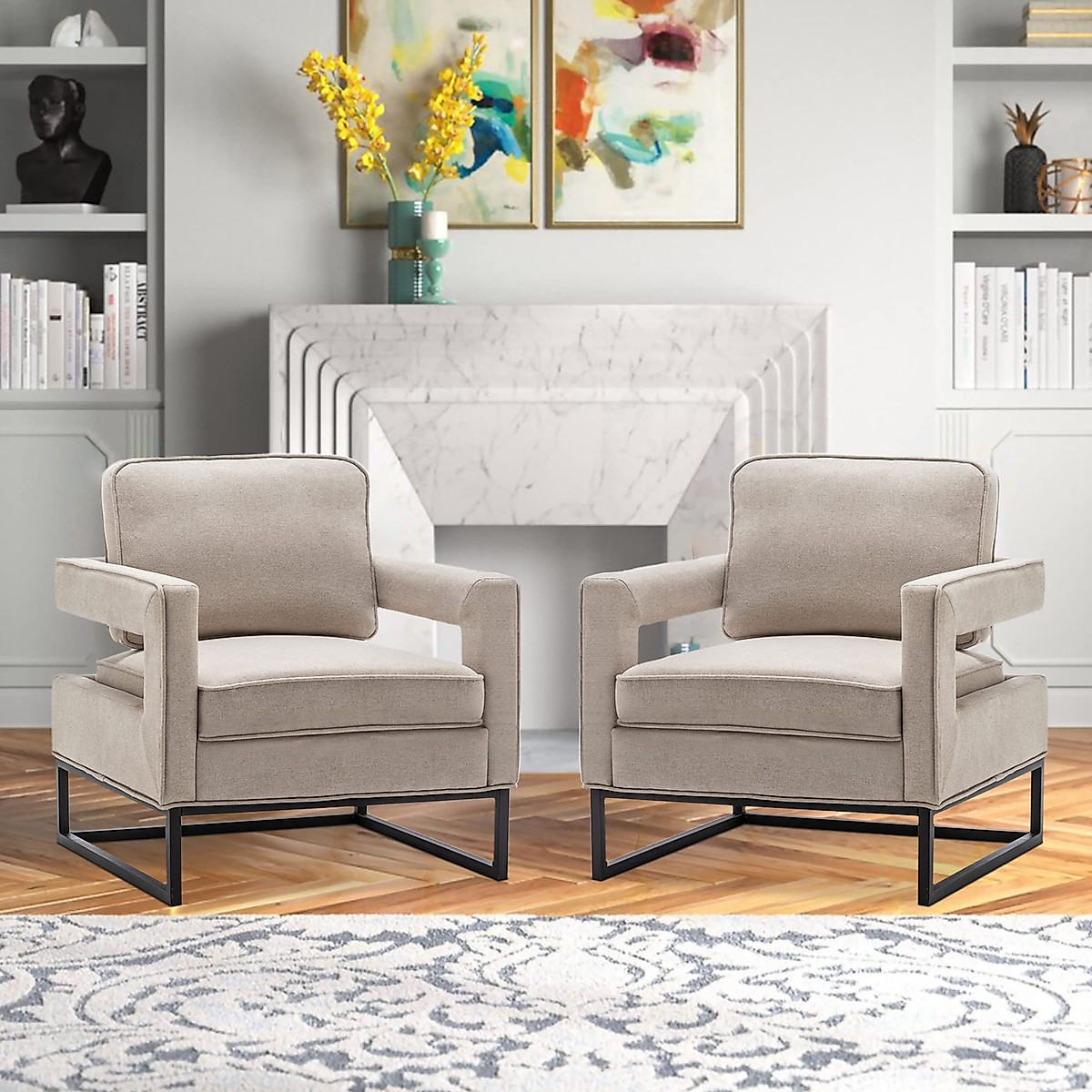 Alunaune Modern Accent Chair Living Room Chairs, Mid Century Armchair Upholstered Backrest Lounge Chair Removable Seat Cushion Sofa Reception Chair for Bedroom-Beige