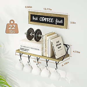 Alsonerbay Coffee Bar Shelf Wall Mount, Rustic Floating Shelves for Wall with Wooden Bar Sign, 16 Inch Wall Shelves with 10 Mug Hooks for Coffee Station, Dining Room, Living Room and Kitchen