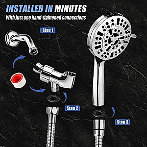 Likense High Pressure Shower Head with Handheld, 10 Spray Settings Water Saving Shower Heads with Stainless Steel Hose,Holder & PTFE Tape, Wider Silver Face for Tubs Tiles Walls Pets Cleaning