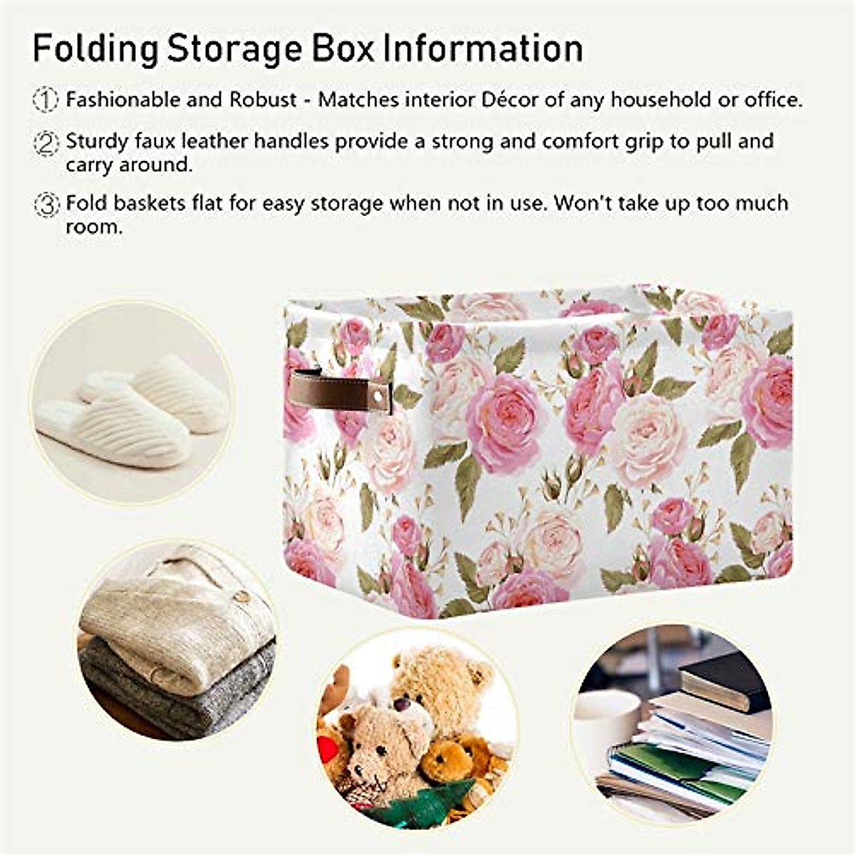 SEULIFE Floral Flower Rose Pink Foldable Storage Basket, Large Collapsible Organizer Storage Bin Cube Toys Storage Boxes with Handles for Bathroom Kids Nursery Closet Storage, 1 Pack
