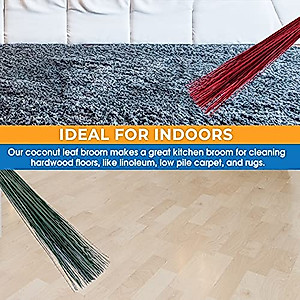 SN SKENNOVA - 1 Piece of 27-28-inch Colorful Asian Coconut leaf Broom Multi-Surface Sturdy Authentic Thai Natrual Broom (Green)