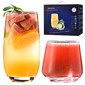 ISMASOAN Drinking Glasses Set of 12-6 Tall Glass Cups 17 oz and 6 Short Stemless Wine Glasses 10 oz,Glass Sets for Drinking,Glassware Sets,Drinkware Glasses Set,Mojito Glass, Gift Box Set