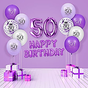 50th Purple Birthday Balloons Decorations, 16 PCS Purple White Confetti Latex Balloons for Women Men Happy Birthday Party Wedding Anniversary Indoor Outdoor Party Supplies,12 Inch