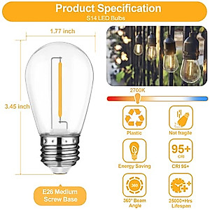 Mlambert LED String Light Bulbs, Shatterproof Outdoor String S14 Replacement Light Bulbs, Waterproof 1W LED Edison Bulbs Equal to 11W Incandescent, 2700K Warm White, E26 Bulb, 15 Pack, Not Solar Bulbs