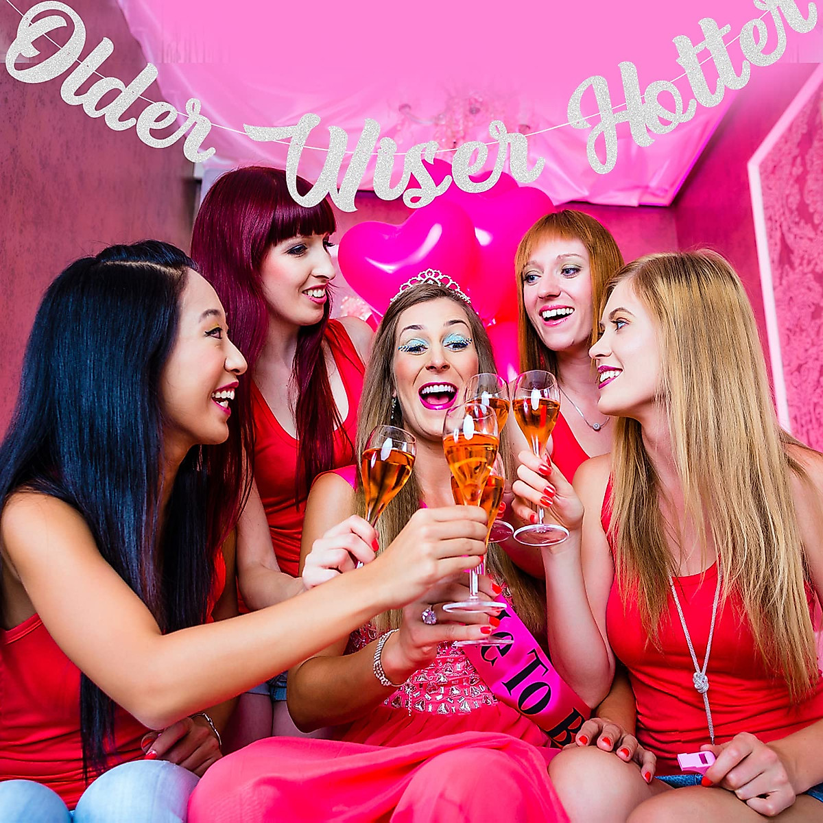 Older Wiser Hotter Banner, Silver Glitter Birthday Party Decorations for Adults, Funny 30th Happy Birthday Decor for Men Women, 40th 50th 60th Bday Triangle Flags Banner and Tinsel Foil Curtains Decor