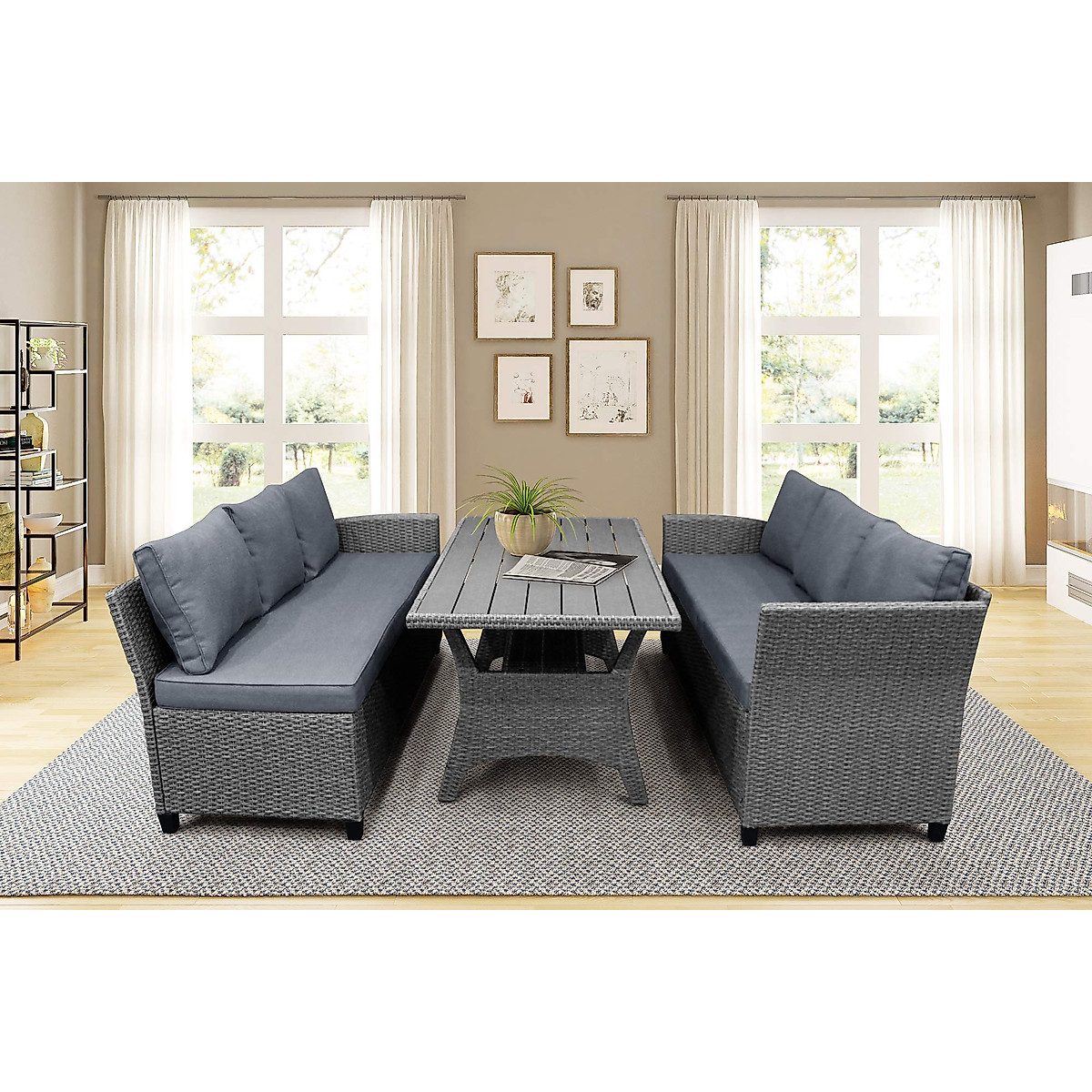 Goohome Patio Outdoor Furniture, L-Shaped All-Weather PE Rattan Wicker ConversationSet Sectional Sofa Set with Coffce Table and Comfort Cushions, for Backyard, Garden, Poolside, Deck, 1, A-Gray