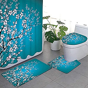 4Pcs Cherry Blossom Shower Curtain Set with Non-Slip Rugs and Toilet Lid Cover Pink Sakura Floral Blossom Teal Bath Curtains Plum Tree Bathroom Decor