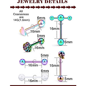 Prjndjw Jewelry, Rainbow, 12PCS, 5/8in(16mm) L. 14G Tongue Ring Surgical Stainless Steel Tongue Piercing Barbell Body Jewelry for Women