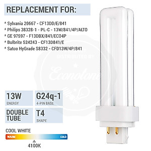 KOR (Pack of 4) 13 Watt Double Tube - G24Q-1 (4 PIN) Base - 4100K Cool White - CFL Light Bulb. Replaces Sylvania 20667 CF13DD/E/841 - Philips 38328-1 PL-C 13W/841/4P/ALTO and GE 97597 F13DBX/841/ECO4P
