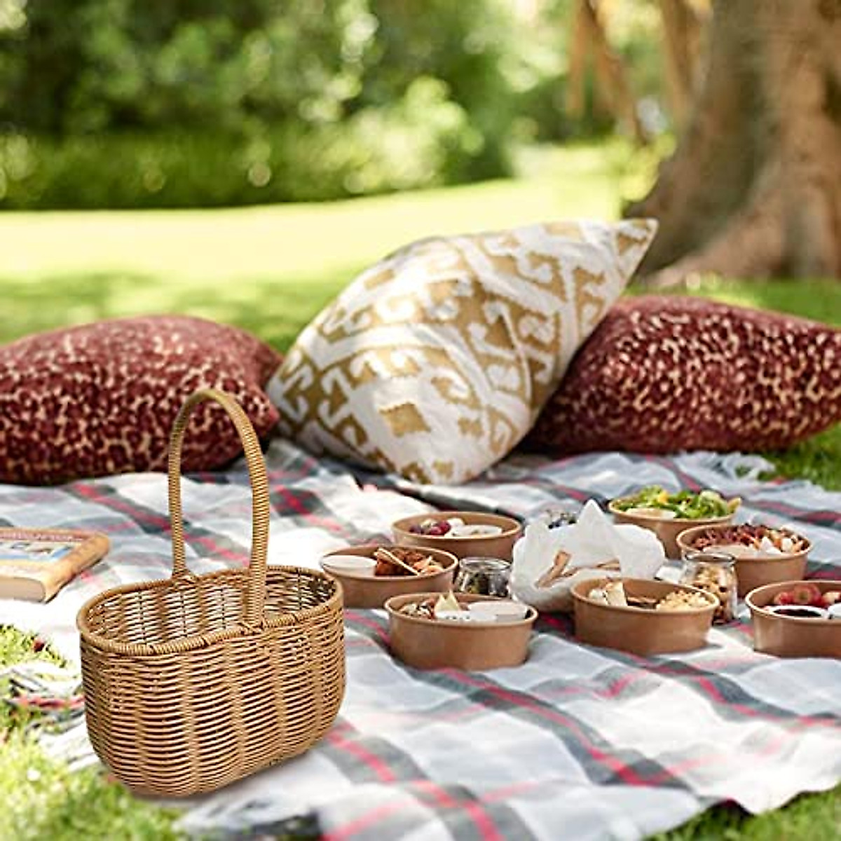 Takefuns Rattan Flower Basket, Hand-Woven Wicker Storage Basket with Handle, Handbasket Storage Box Picnic Petal Basket for Home Wedding Garden Decoration (Style 3)