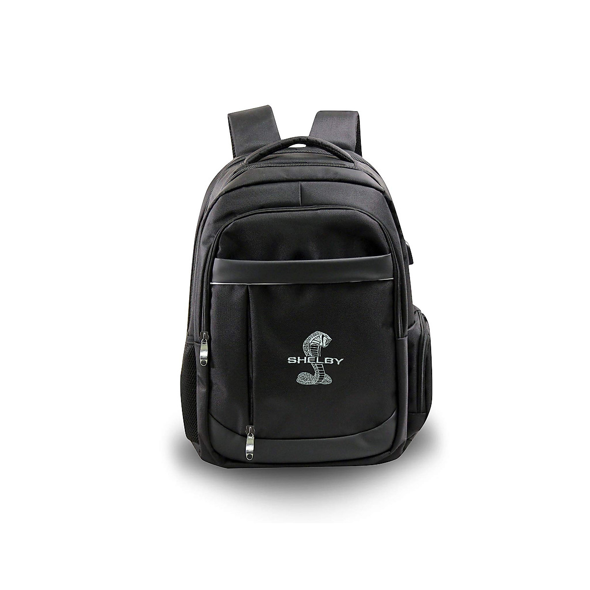 Shelby Vault Black Backpack | 1680D Polyester with Leatherette Trim and an Embroidered Shelby Logo | USB Port | TSA/Checkpoint Friendly Padded Sleeve that fits up to a 17" Laptop and a Tablet