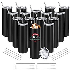 YOUKE OLA 16 Pack Stainless Steel Skinny Tumblers Straight Double Wall Insulated Tumbler Bulk with Lid and Straw for, DIY Gift, 20oz Black