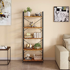 ODK 5 Tier Bookshelf, Industrial Open Bookcase Storage Organizer, Modern Tall Book Shelf for Bedroom, Living Room and Home Office, Rustic Brown