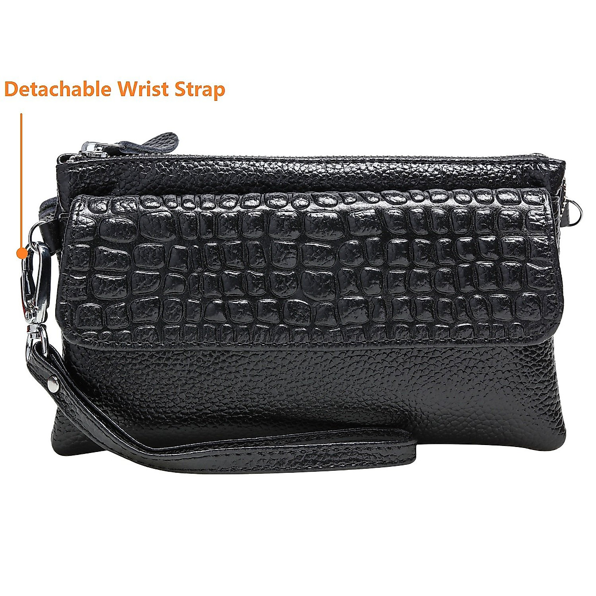 Semikk Women Soft Genuine Leather Smartphone Wristlet Purse Cell Phone Cross Body Bag Wallet Clutch Handbag with Card Slots/Shoulder Strap/Wrist Strap - for iPhone 6s Plus (Black) Small