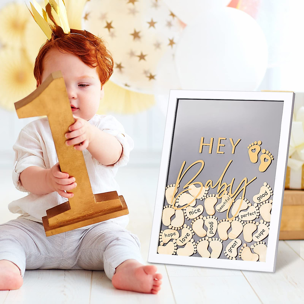 Unittype 71 Pcs Large Size Baby Shower Guest Book Alternative Baby Shower Sign in Guestbook Photo Frame with 70pcs Wood Chips Signature Keepsake for Baby Shower Favor Birthday Party(Grey, Footprint)
