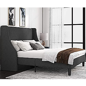 Allewie Full Size Bed Frame, Platform Bed Frame with Upholstered Headboard, Modern Deluxe Wingback, Wood Slat Support, Mattress Foundation, Dark Grey