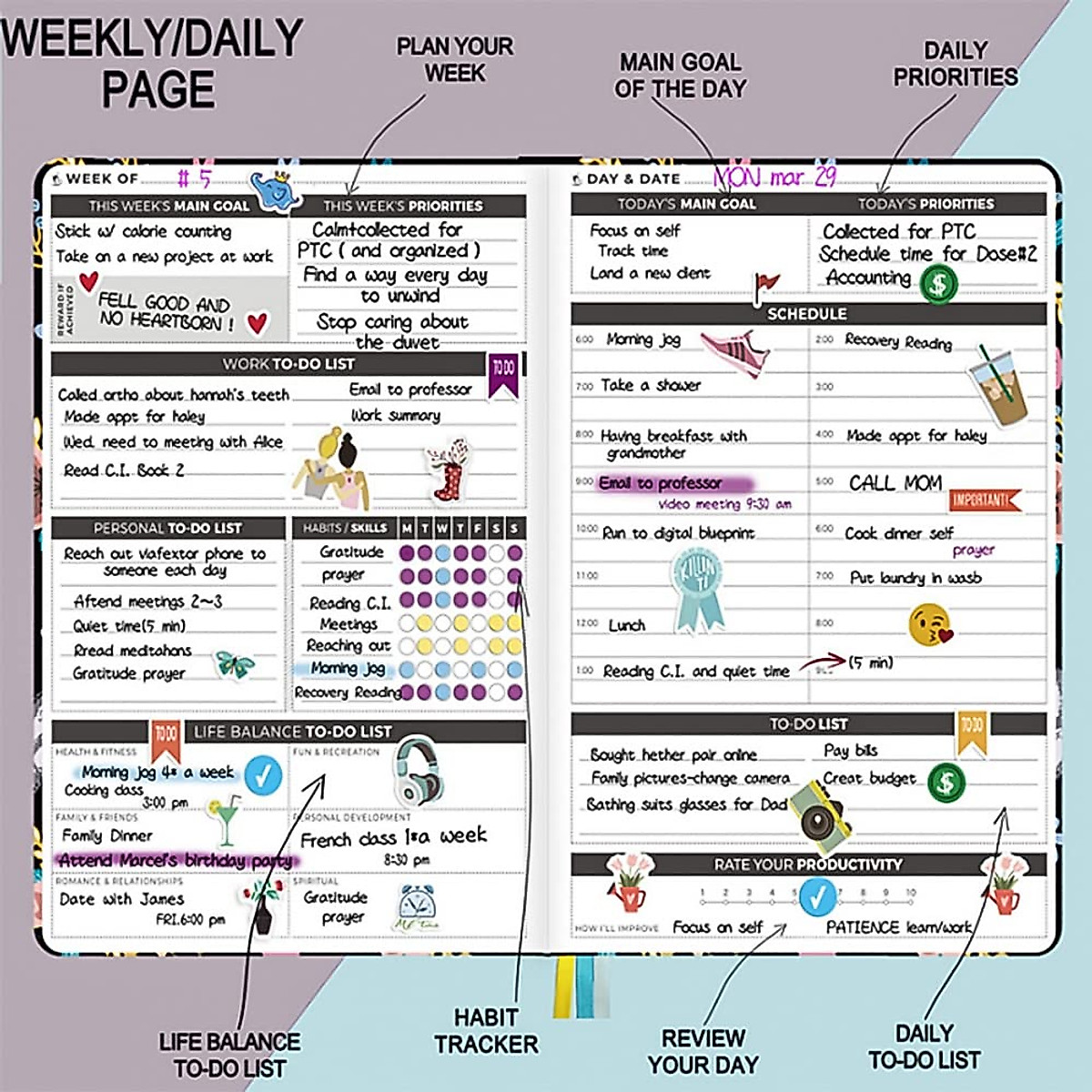 Planner Schedule, Undated Weekly & Daily Life Planner with Time Slots, Time Management Appointment Book Journal for Work & Personal Life (Style 2)