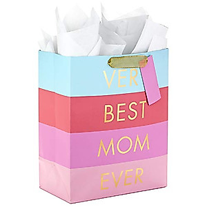 Hallmark 13" Large Mother's Day Gift Bag with Tissue Paper ("Very Best Mom Ever" - Blue, Lavender and Pink Stripes) for Moms, Grandmas, Nanas, Mom Squads