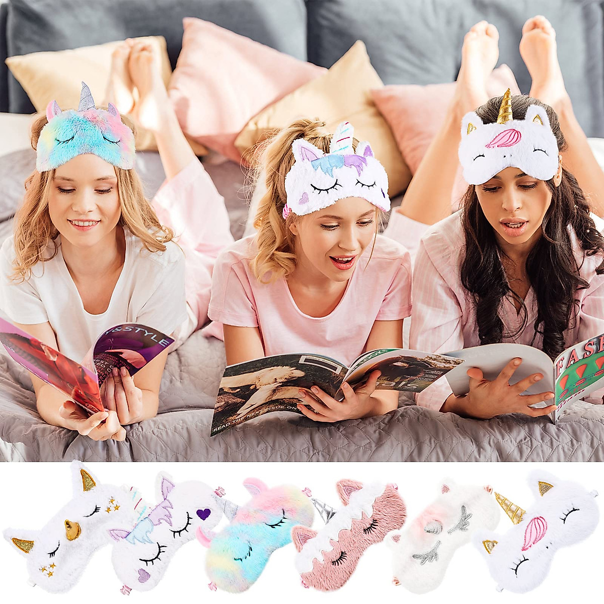 12 Packs Sleepover Party Favors for Teenager Girl, Unicorn Animal Plush Sleep Eye Mask Soft Plush Nap Eyeshade Plush Bow Headbands, Elastic Hair Band for Single Women Spa Pajama Party (Fresh Style)
