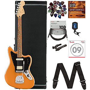 Fender Player Jaguar - Capri Orange Bundle with Hard Case, Cable, Tuner, Strap, Strings, Picks, Capo, Fender Play Online Lessons, and Austin Bazaar Instructional DVD