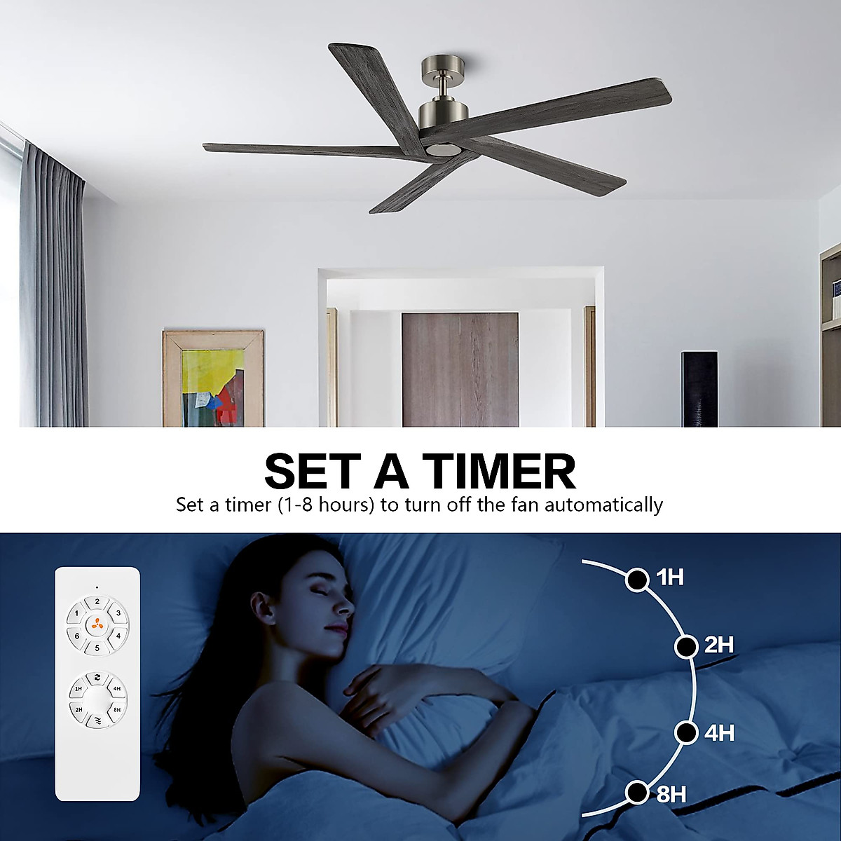 WINGBO 64 Inch DC Ceiling Fan without Lights, 5 Reversible Carved Solid Wood Blades, 6-Speed Noiseless DC Motor, Ceiling Fan No Light with Remote, Brushed Nickel Finish with Gray Blades, ETL Listed