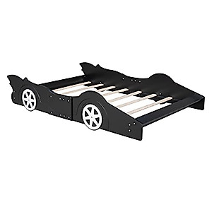 Zaboro Full Size Race Car-Shaped Platform Bed for Children, Solid Wood Bed Frame with Safety Rails and Wheels, Modern Low Bed with Sturdy Slats Support for Boys and Girls, No Box Spring Needed, Black