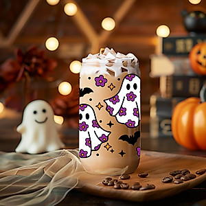 Coolife Purple Flower Ghost Halloween Cup, Cute Daisy Ghost Iced Coffee Cup, 16oz Floral Ghost Halloween Tumbler Glass Cups w/Lids Straws - Boo Basket Stuffers for Her, Halloween Gifts for Women Girl