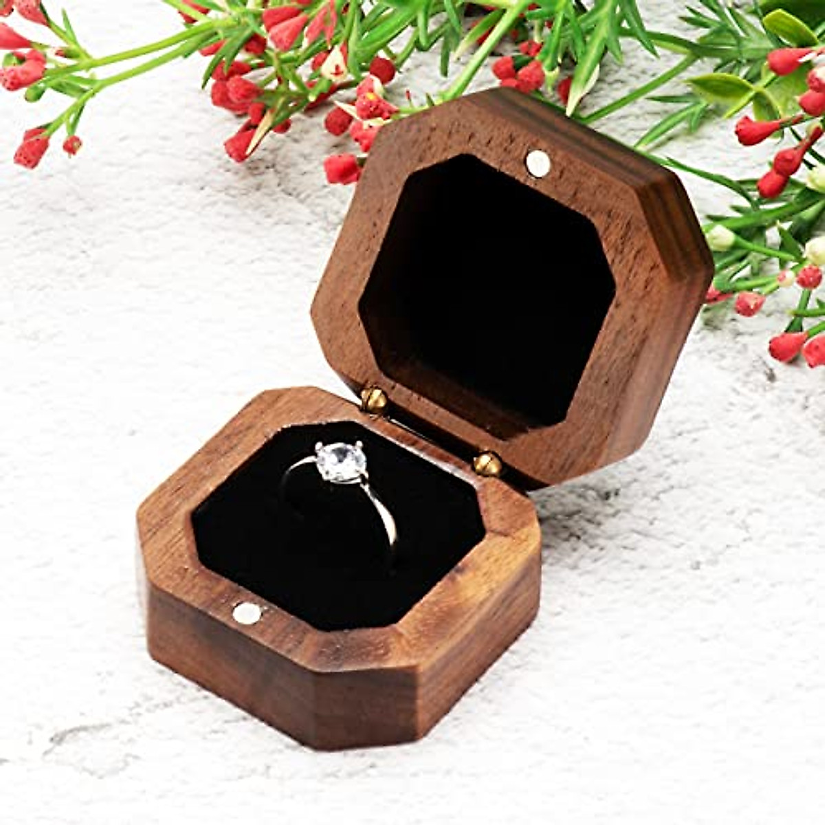 COSISO Portable Wood Ring Gift Box Case for Proposal Engagement Jewelry Display,Small Slim Wooden Ring Holder (Black Inner)