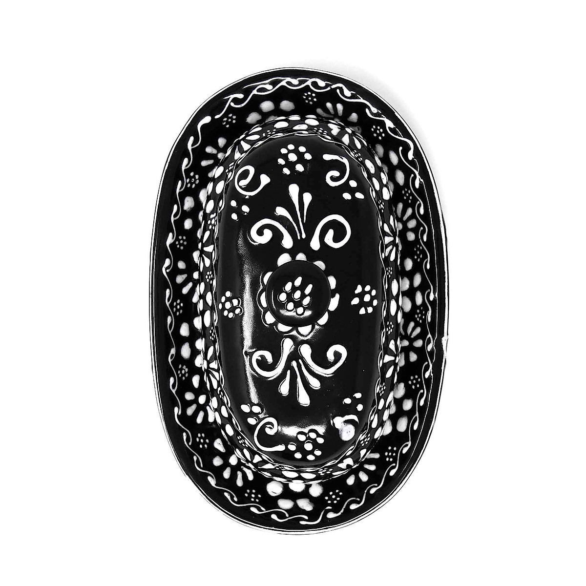 Global Crafts Encantada Handmade Hand-Painted Authentic Mexican Pottery, Butter Dish with Lid, Ink Collection, Black and White, (MC129I)