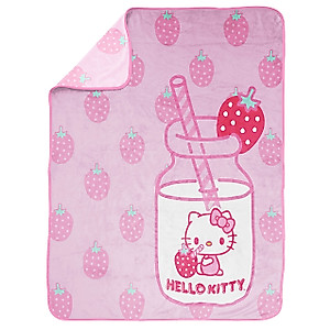 Hello Kitty Strawberry Milk Throw Blanket - Measures 46 x 60 inches, Kids Bedding Features Kitty White - Fade Resistant Super Soft Fleece (Official Hello Kitty Product)
