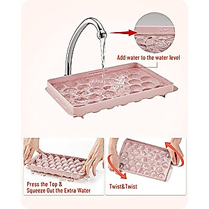 ICEDIVER Ice Cube Tray, Round Ice Trays for Freezer with Lid and Bin, Circle Ice Mold Making 66 x 1.0IN Small Ice Balls,Sphere Ice Makers with Ice Buckets Tongs & Scoop (Pink)