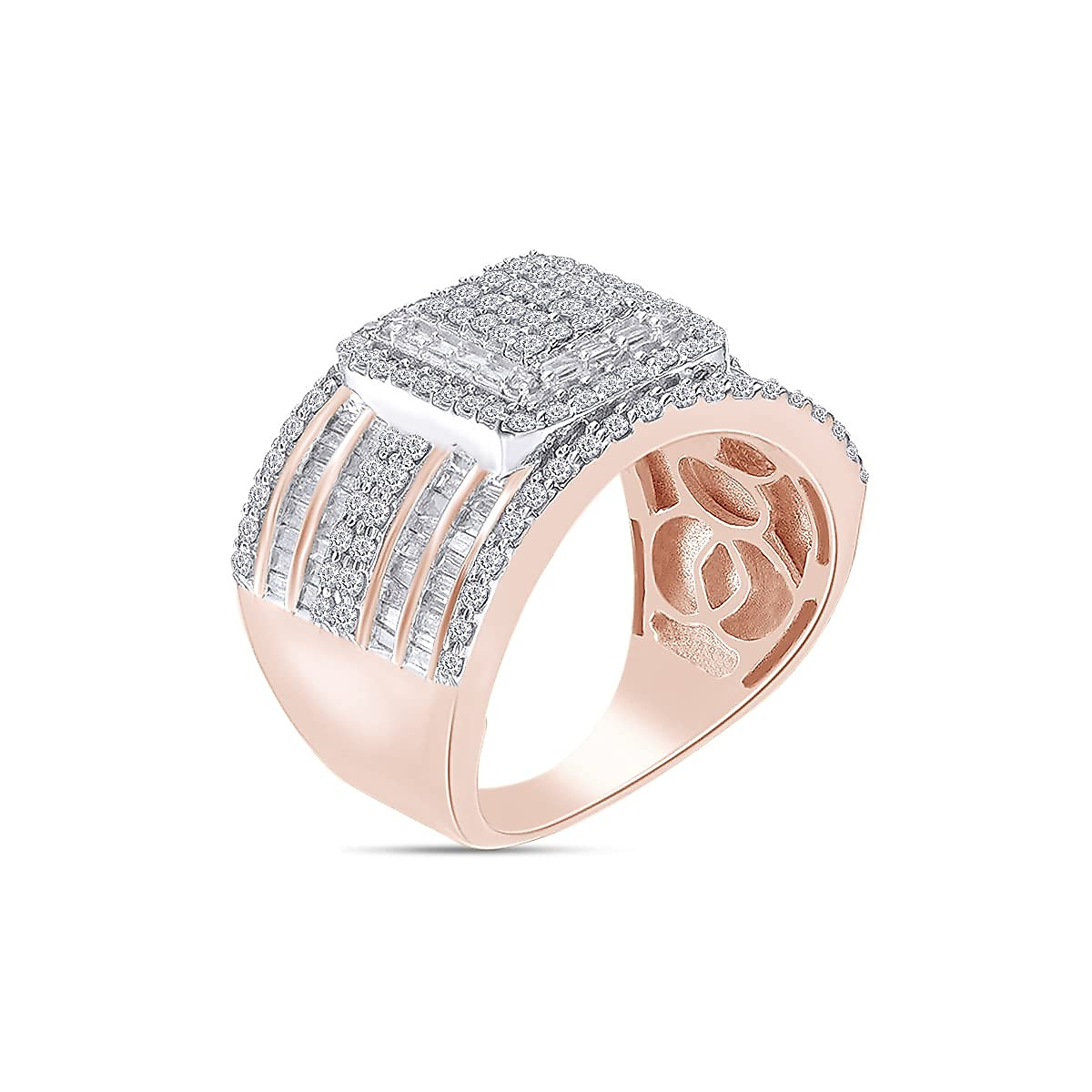 AFFY 2 Carat Round & Baguette Cut Natural Diamond Rectangle Frame Wedding Band Ring In 14K Rose Gold Over 925 Sterling Silver (2 Cttw, I2-I3 Clarity), Ring Size-9