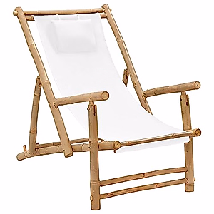 MBFLUUML Outdoor Folding Recliner Chair, Patio Lounge Chairs, Deck Chair Bamboo and Canvas Cream White Suitable for Lawn, Garden, Porch and Backyard.