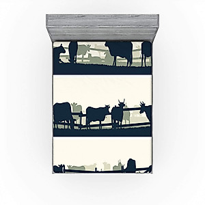 Ambesonne Fence Fitted Sheet, Agriculture Theme Grazing Farm Animals Cows Bulls Silhouette Rural, Soft Decorative Fabric Bedding All-Round Elastic Pocket, Full Size, Petrol Blue