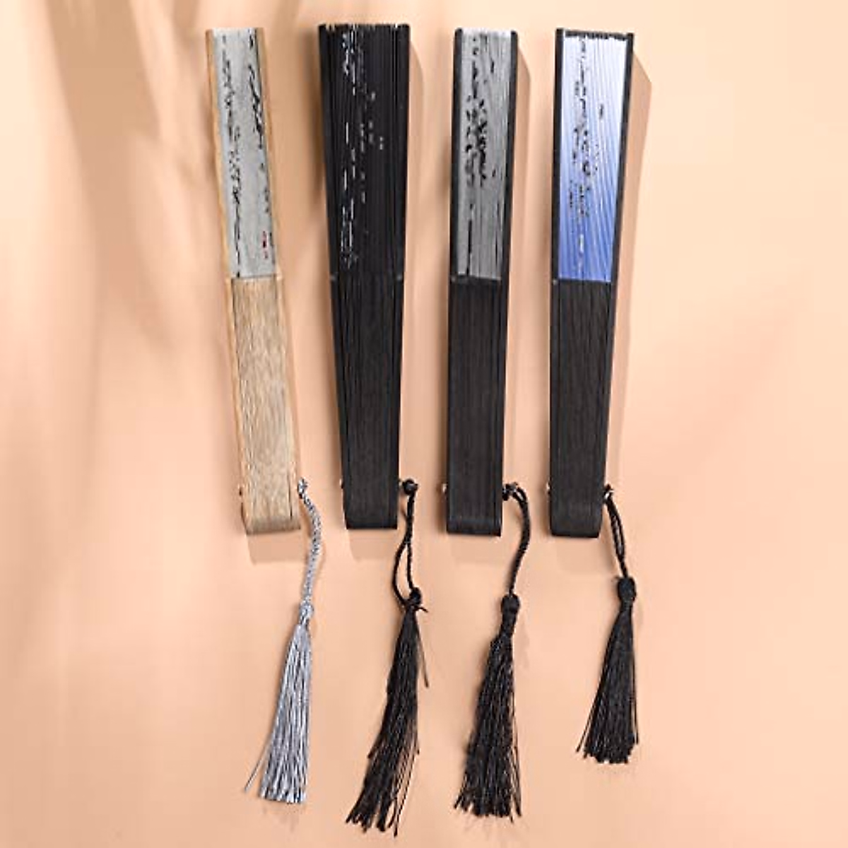 BABEYOND 4pcs Chinese Style Bamboo Folding Hand Fan Vintage Handheld Silk Folding Fan with Different Patterns Fringe Folding Fan for Wedding Dancing Party