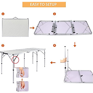 RedSwing Tri-fold 6ft Folding Table, Aluminum Outdoor Table with Adjustable Heights Legs, Portable Lightweight Camping Table for Picnic, Party, Beach, 72"x24", White