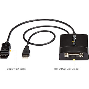 StarTech.com DisplayPort to DVI Dual Link Active Adapter - DisplayPort to DVI-D Adapter Video Converter 2560x1600 60Hz - DP 1.2 to DVI Monitor - USB Powered - Latching DP Connector (DP2DVID2)
