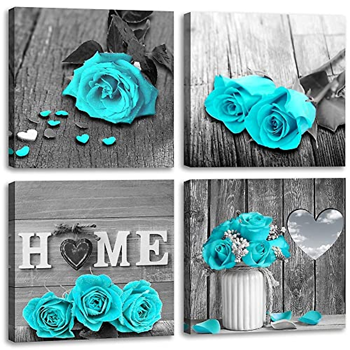 Wall Decor for Living Room Teal Blue Rose Flower Bathroom Decor Bedroom Wall Decor Black and White Canvas Art Home Love Couple Women Gifts Theme Modern Frame Pictures Turquoise Rustic Sets 14 inch