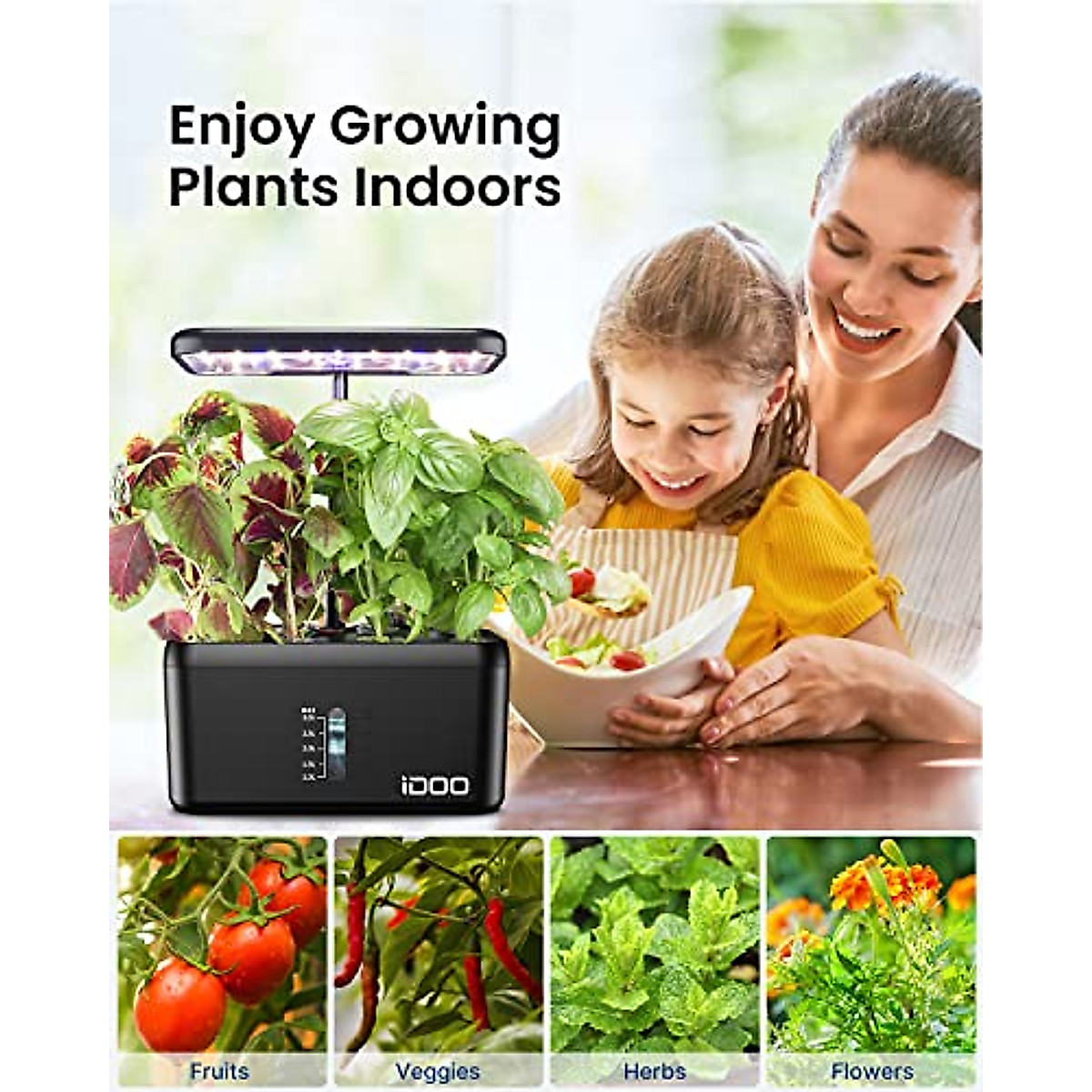iDOO Hydroponics Growing System Indoor Garden, Plants Germination Kit with Pump, Automatic Timer LED Grow Light for Home Kitchen Gardening,8 Pods Herb Garden Kit Indoor Up to 15",Black