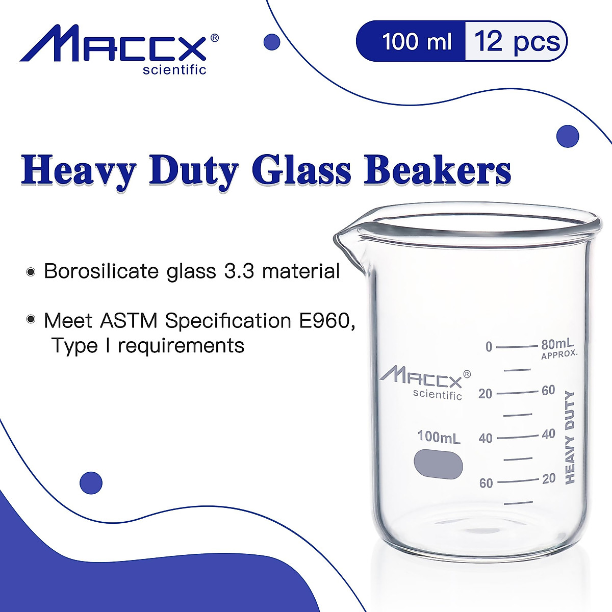 Maccx 3.4oz(100ml) Sturdy Glass Beaker, 3.3 Borosilicate Griffin Low Form with Printed Graduation, Pack of 12, BKL100-012