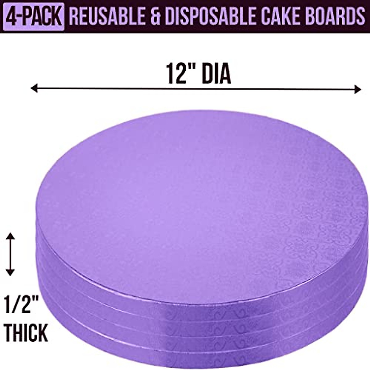 12 Inch Cake Boards - 4 Pack Cake Drums 12 Inch Dia - Disposable Purple Cake Board Circles - Reusable Round Cake Boards - Cake Base Cardboard Cake Rounds - Cake Decorating Supplies & Baking Supplies