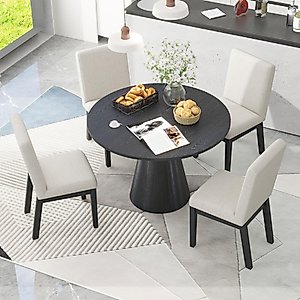 Merax 5-Piece Round Dining Table Set with 4 Upholstered Chairs, Retro Style Kitchen Dining Table for Dining Room, Kitchen Furniture Set for Family (Black)
