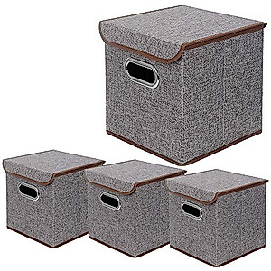 BeigeSwan Storage Bin [Set of 4] Linen Fabric Foldable Container with Lid, Collapsible Organizer Boxes Cubes ¨C 10 x 10 x 10 Inches (Gray)
