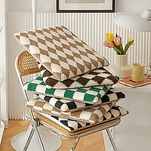 vctops Buffalo Plaid Chair Cushion Faux Fur Sherpa Seat Pad Non Slip Square Seat Cushion Pad for Kitchen Dining Office, Machine Washable (Brown A,16"x16")