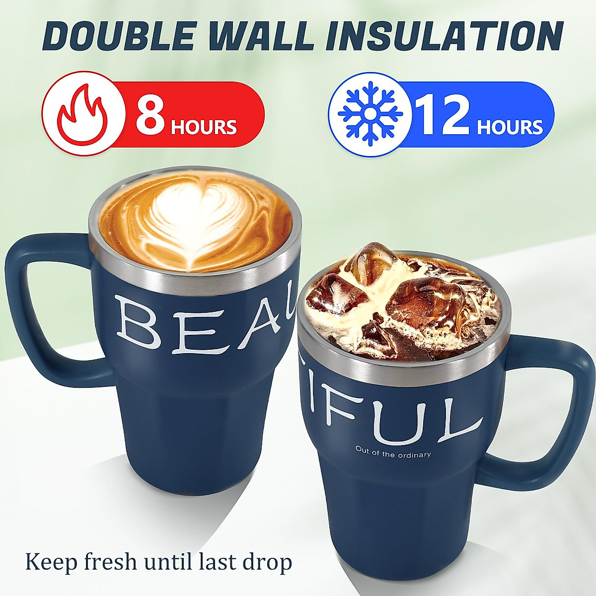 21 oz Insulated Coffee Mug Tumbler with Handle, Stainless Steel Travel Mug Tumbler with Lid and Straw, Coffee Travel Mug Spill Proof with Lid for Keep Hot/Ice Coffee, Blue