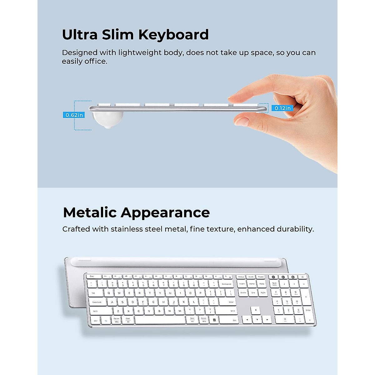 Wireless Bluetooth Keyboard and Mouse Combo (USB + Dual BT), seenda Multi-Device Rechargeable Slim Keyboard and Mouse, Compatible for Win 7/8/10, MacBook Pro/Air, iPad, Tablet - White Silver