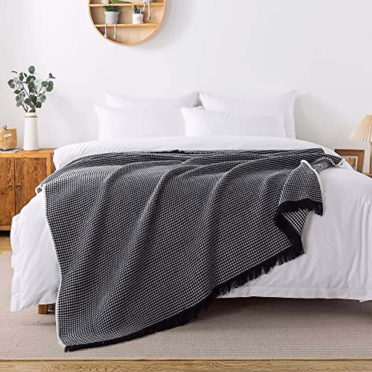 R.SHARE Soft Knit Waffle Throw Blanket for Couch Bed with Tassel, Thin Knitted Lightweight Cozy Woven for Sofa Travel, Cute Women Men, Big Twin Size, 60x80 inches, Black and White