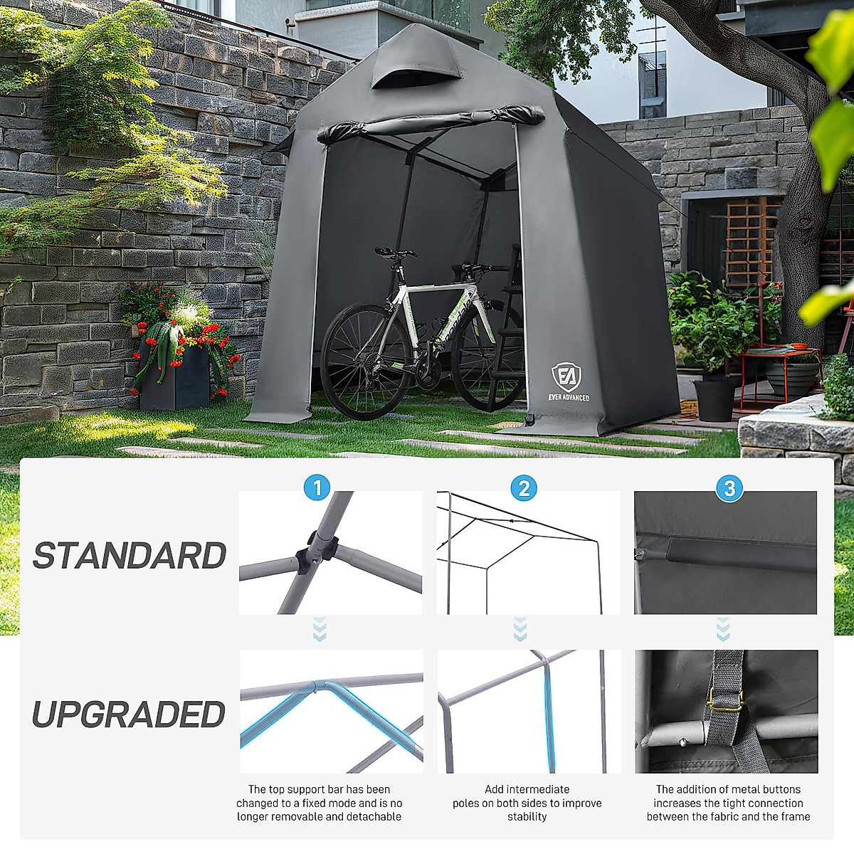 EVER ADVANCED Outdoor Storage Shelter with Vents Storage Tents for Outside Heavy Duty Storage Sheds for Motorcycle, Bike, Grey